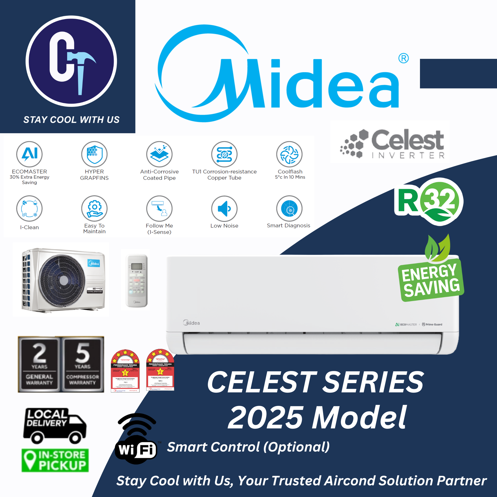 Midea R32 New Inverter Aircond (1.0HP-2.5HP) MSCE (CELEST) Inverter ...